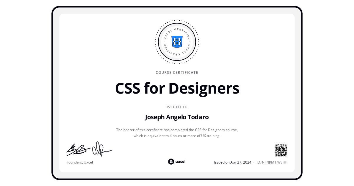 Certificate of completion for CSS Foundations | Uxcel